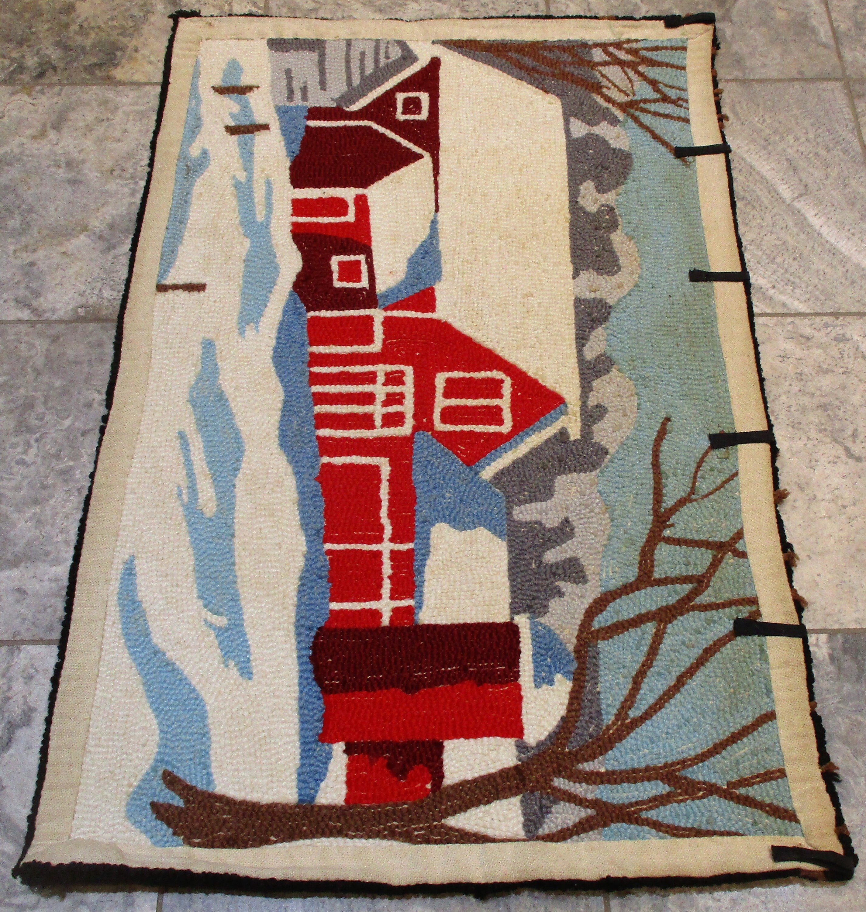 Hooked Rug Vintage Hand Made Carpet Winter Barn and Farm | Etsy