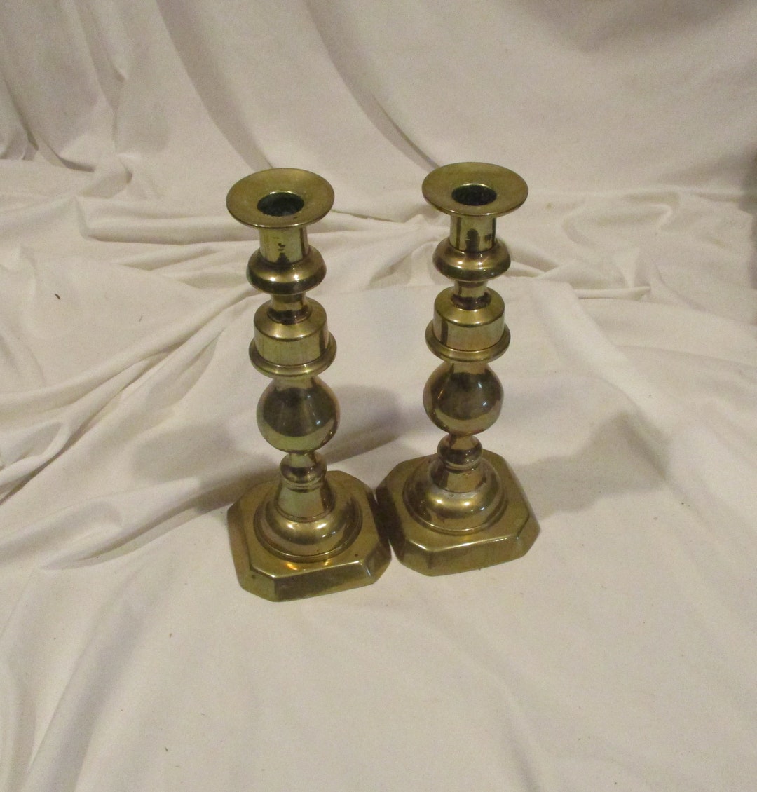 19th Century Brass Candlesticks, Pair of Tall Old English Footed ...