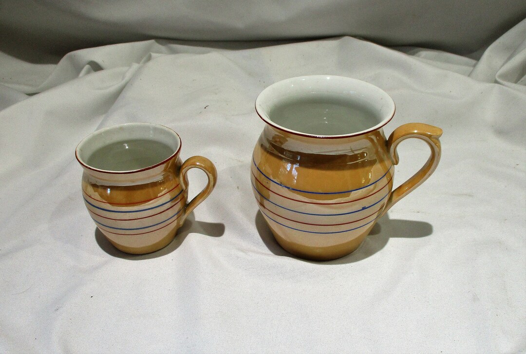 Pair of Lusterware Pitchers, Small Jugs, or Mugs, Fine Striped Copper ...