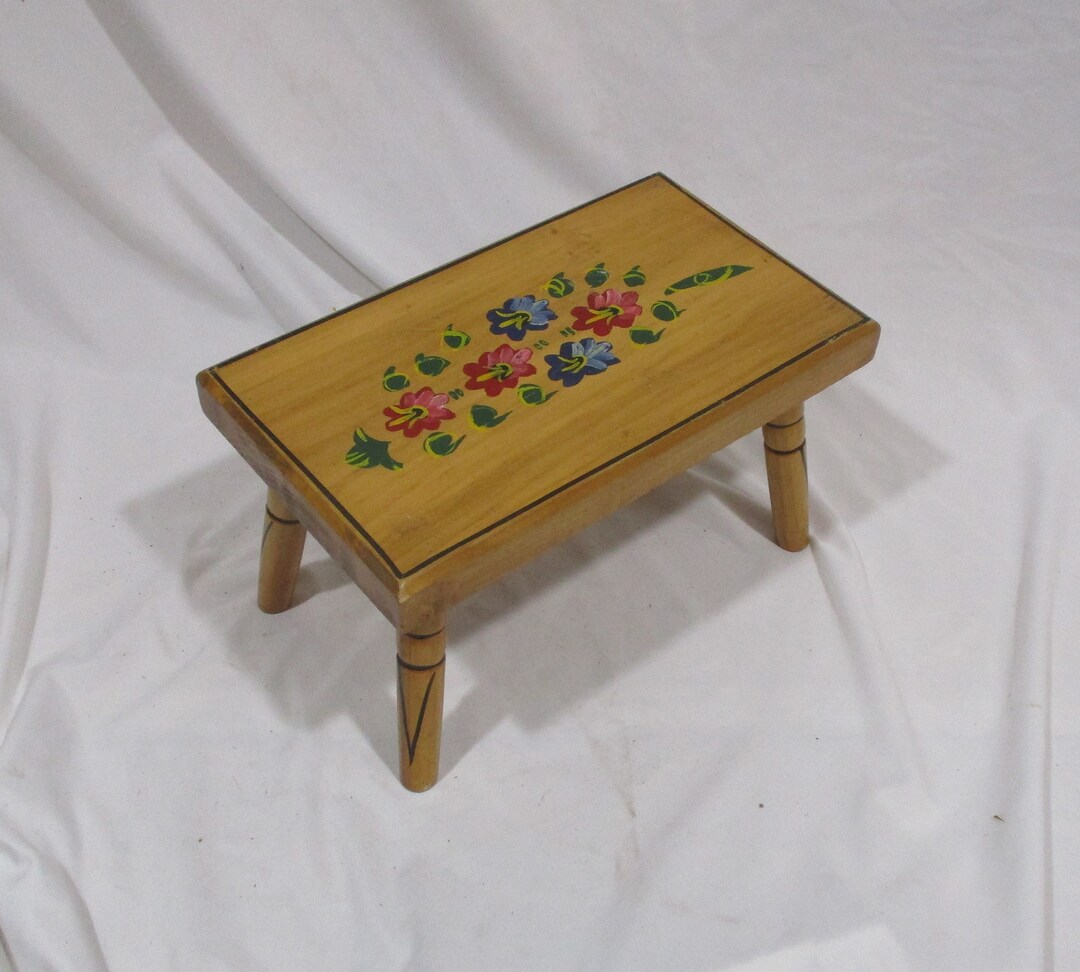 Footstool, Vintage Folk Art Hand Painted Foot Stool or Milking Stool ...