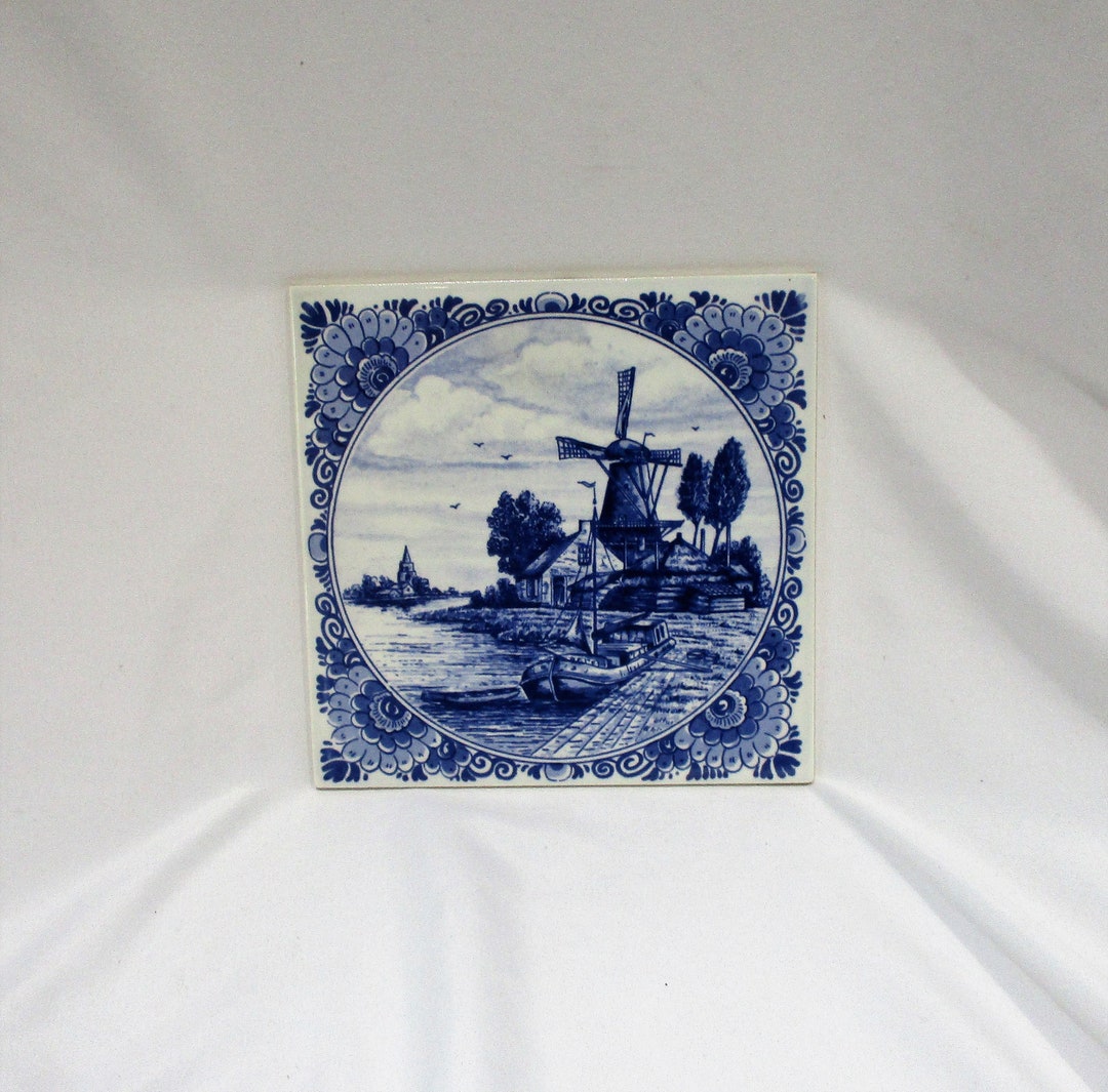 Delft Style Tile, German Blue and White Sailboat and Windmills Tile ...