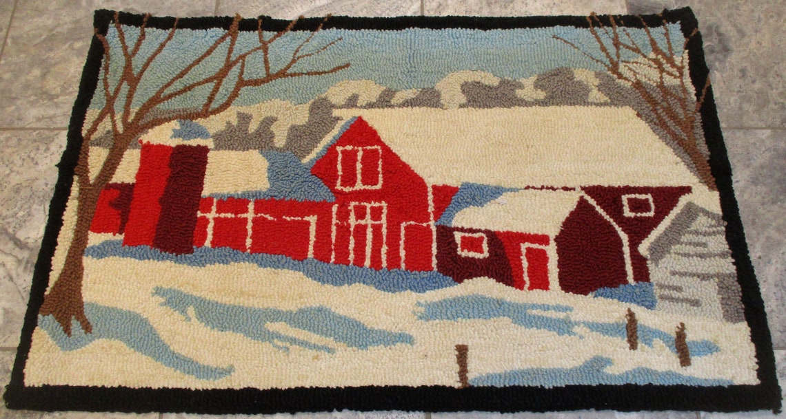 Hooked Rug Vintage Hand Made Carpet Winter Barn and Farm | Etsy