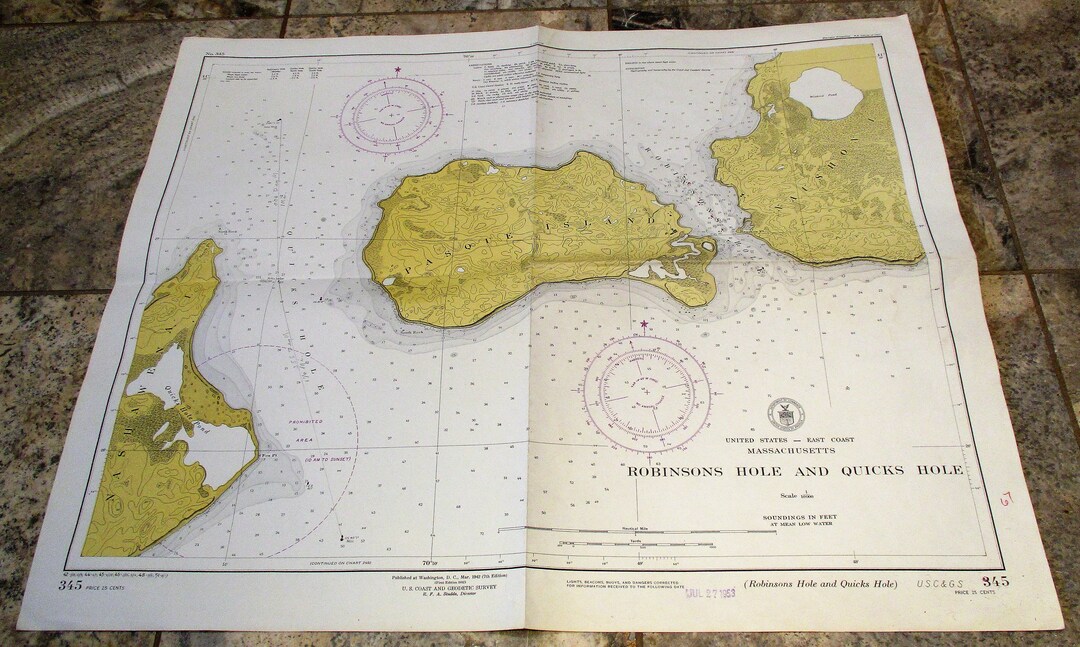 1953 Massachusetts Coastline Map: Robinsons & Quicks Hole Vintage Chart ...