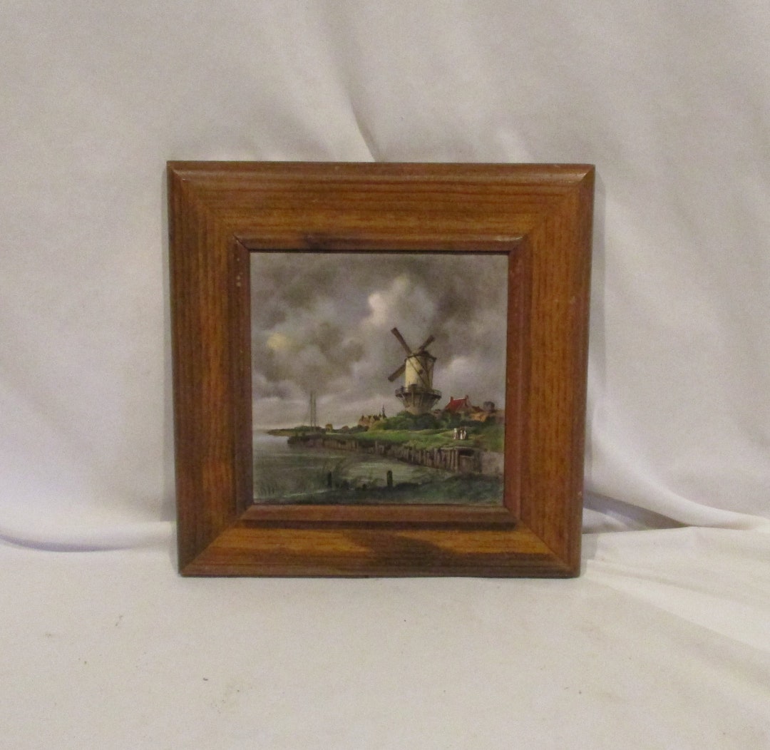 Delft Style Tile, Framed Ominous Broody Dutch Windmill Tile, H & R ...