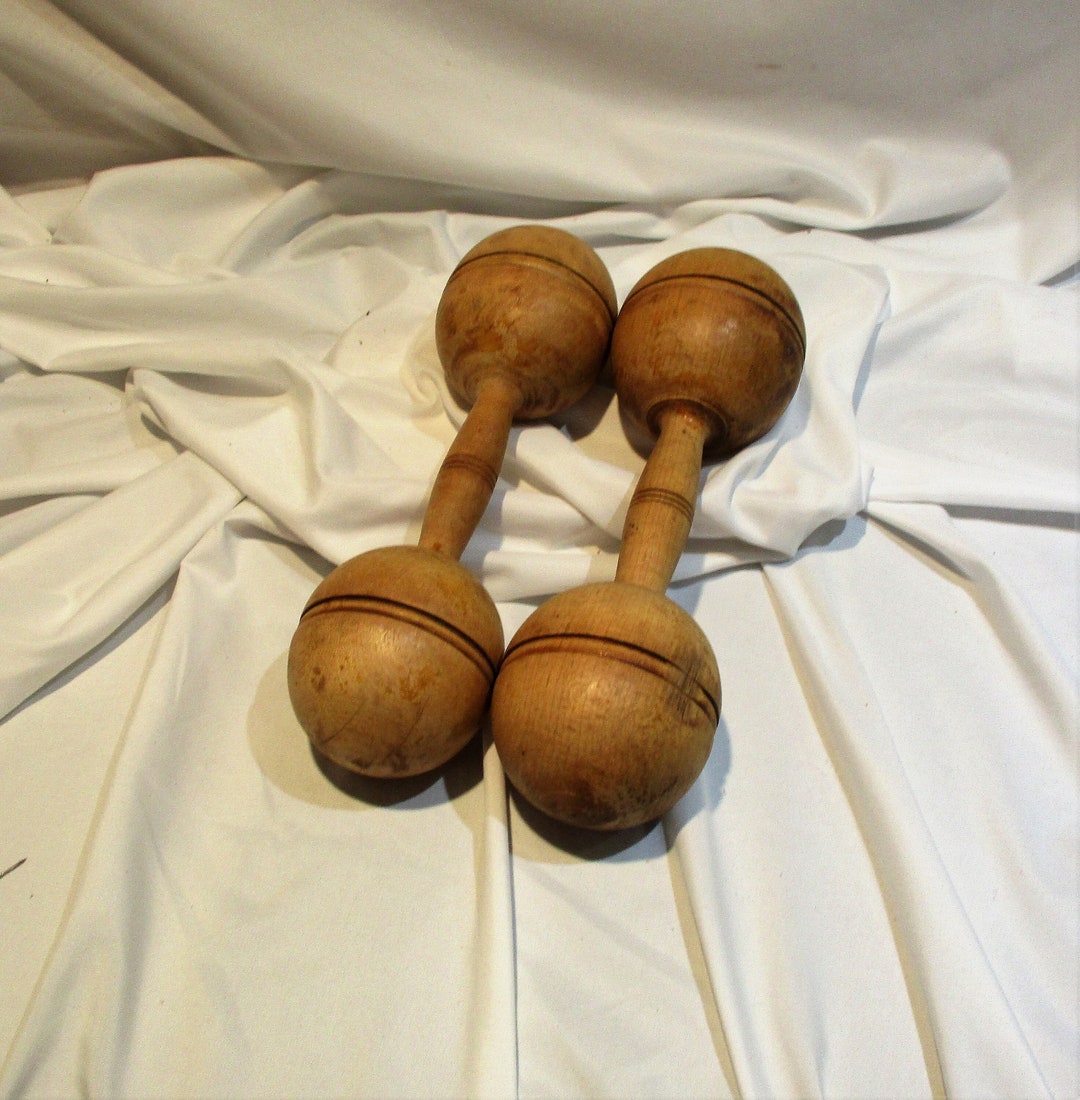 Dumbbells, Pair of Antique Wood Exercise Weights, Old Pair of Barbells ...