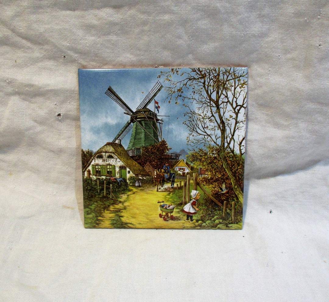 Delft Tile, Polychrome Windmill Tile, Dutch Farming or Village Scene ...