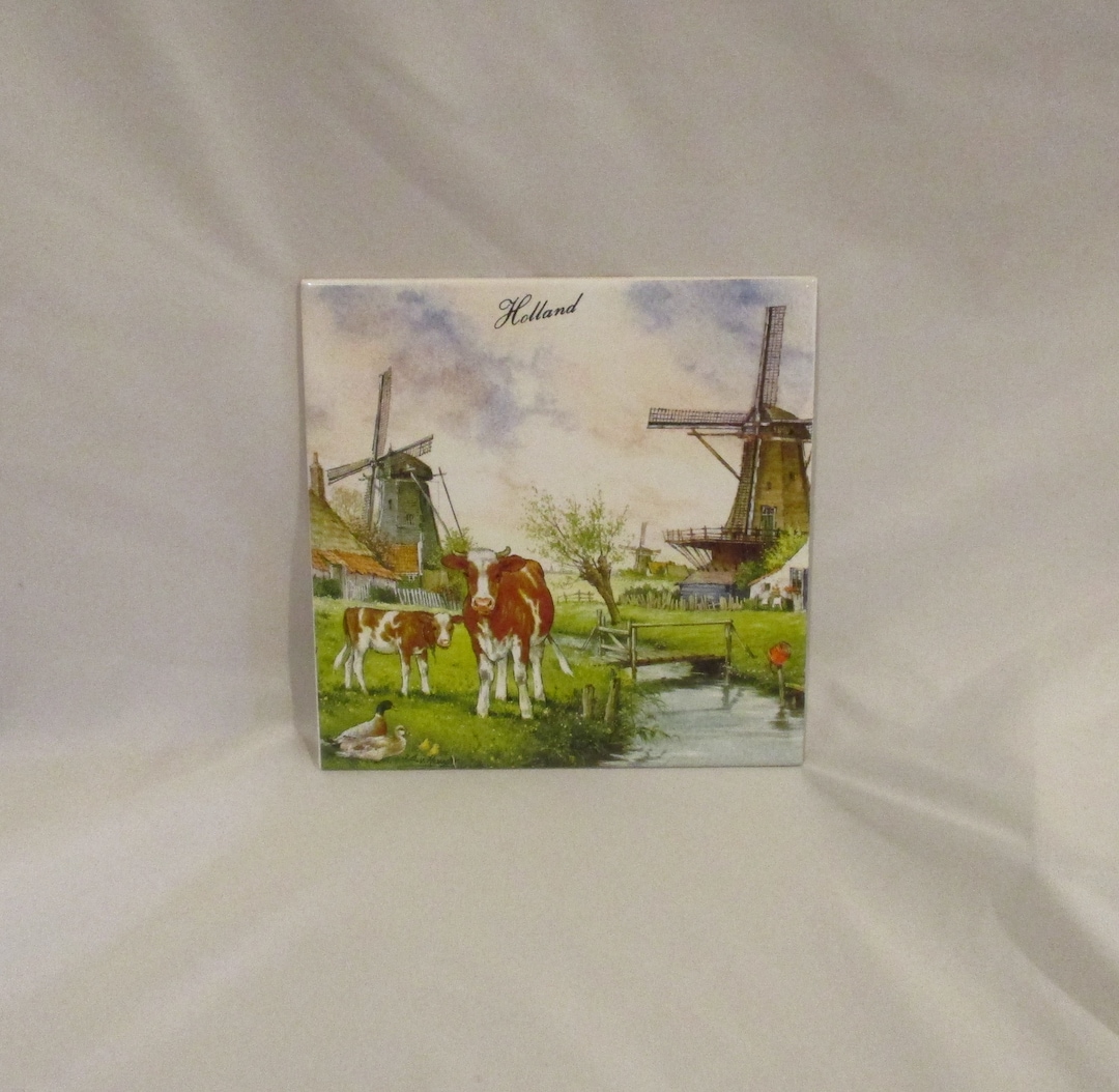 Delft Tile, Polychrome Windmill Tile, Dutch Farm Scene Featuring Cows and Ducks, Vintage Signed ...