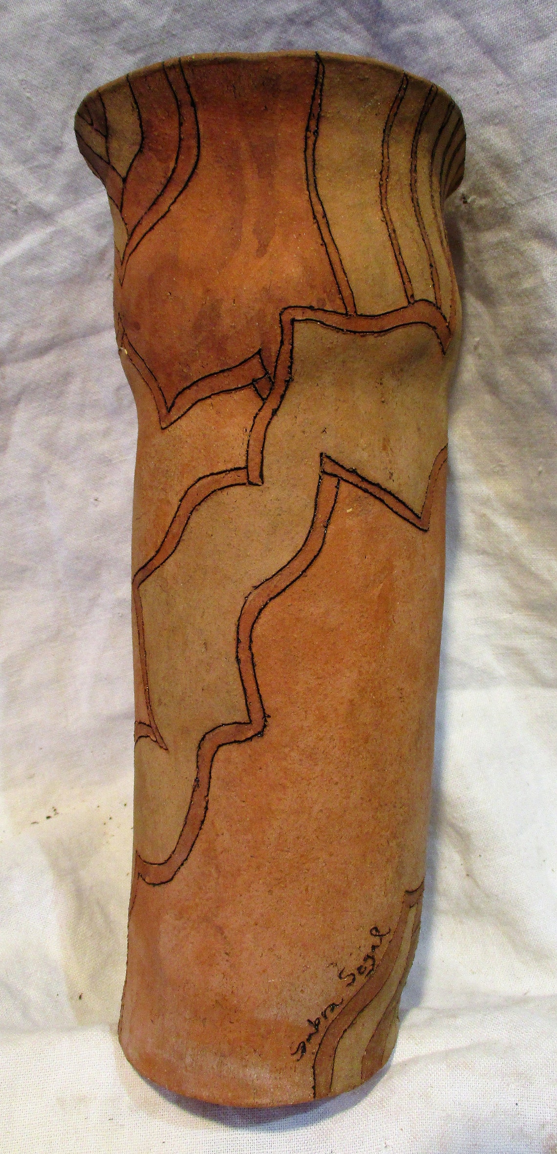 Sabra Segal Signed Vase Etched Pottery Vase Free Form - Etsy
