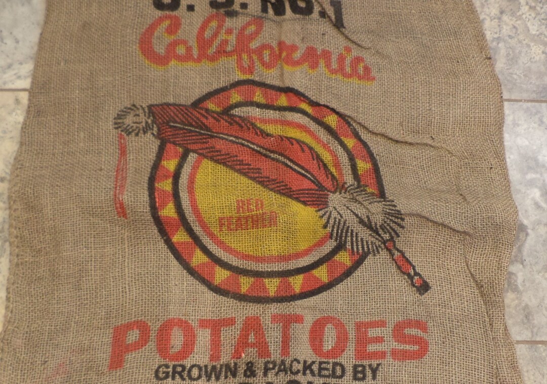 Burlap Sack, California Red Feather Potato Sack, Old Barn and Farm ...