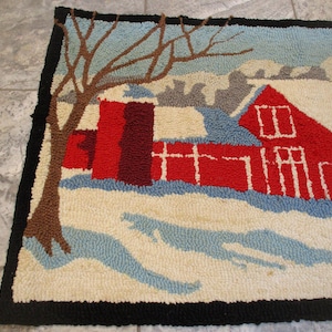 Hooked Rug, Vintage Hand Made Carpet, Winter Barn and Farm Scene - Etsy