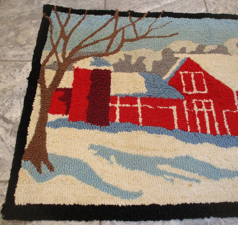 Hooked Rug Vintage Hand Made Carpet Winter Barn and Farm | Etsy