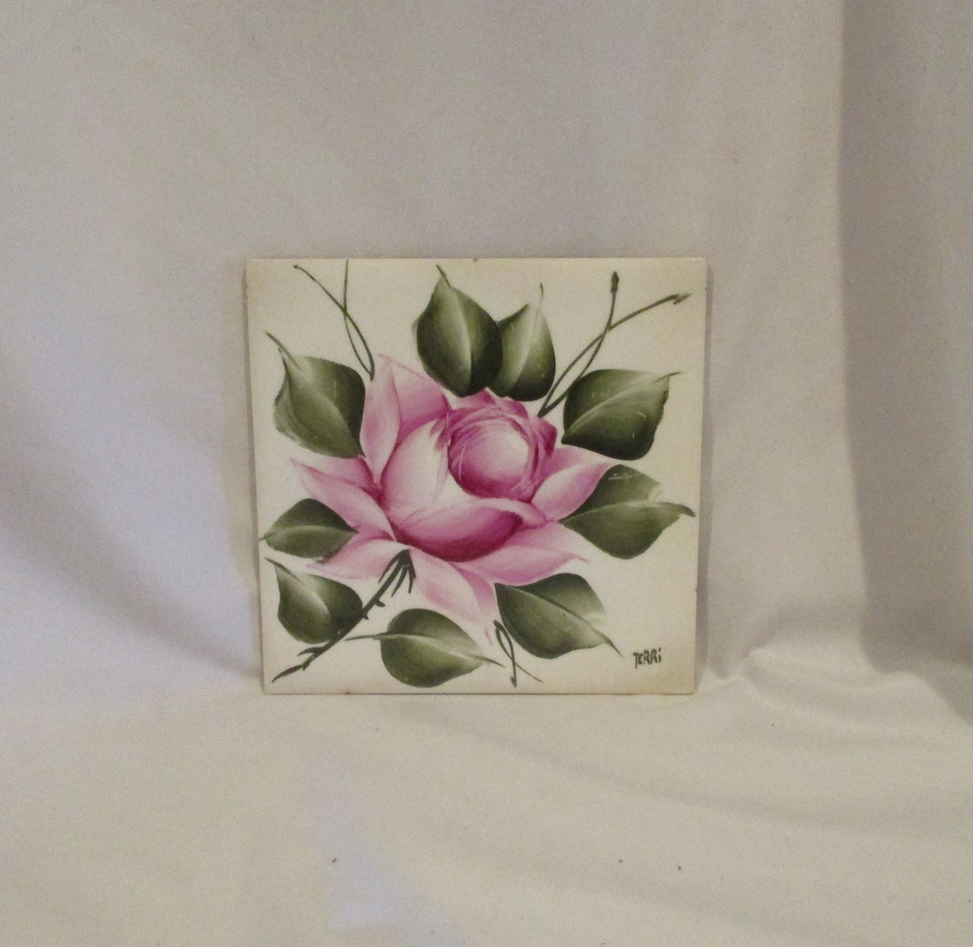 Floral Tile, Pink Rose, Hand Painted and Signed Vintage Decorative Art ...