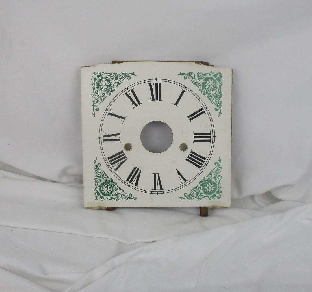 Vintage Square Wooden Clock Face: Stenciled Green Medallions, Roman ...