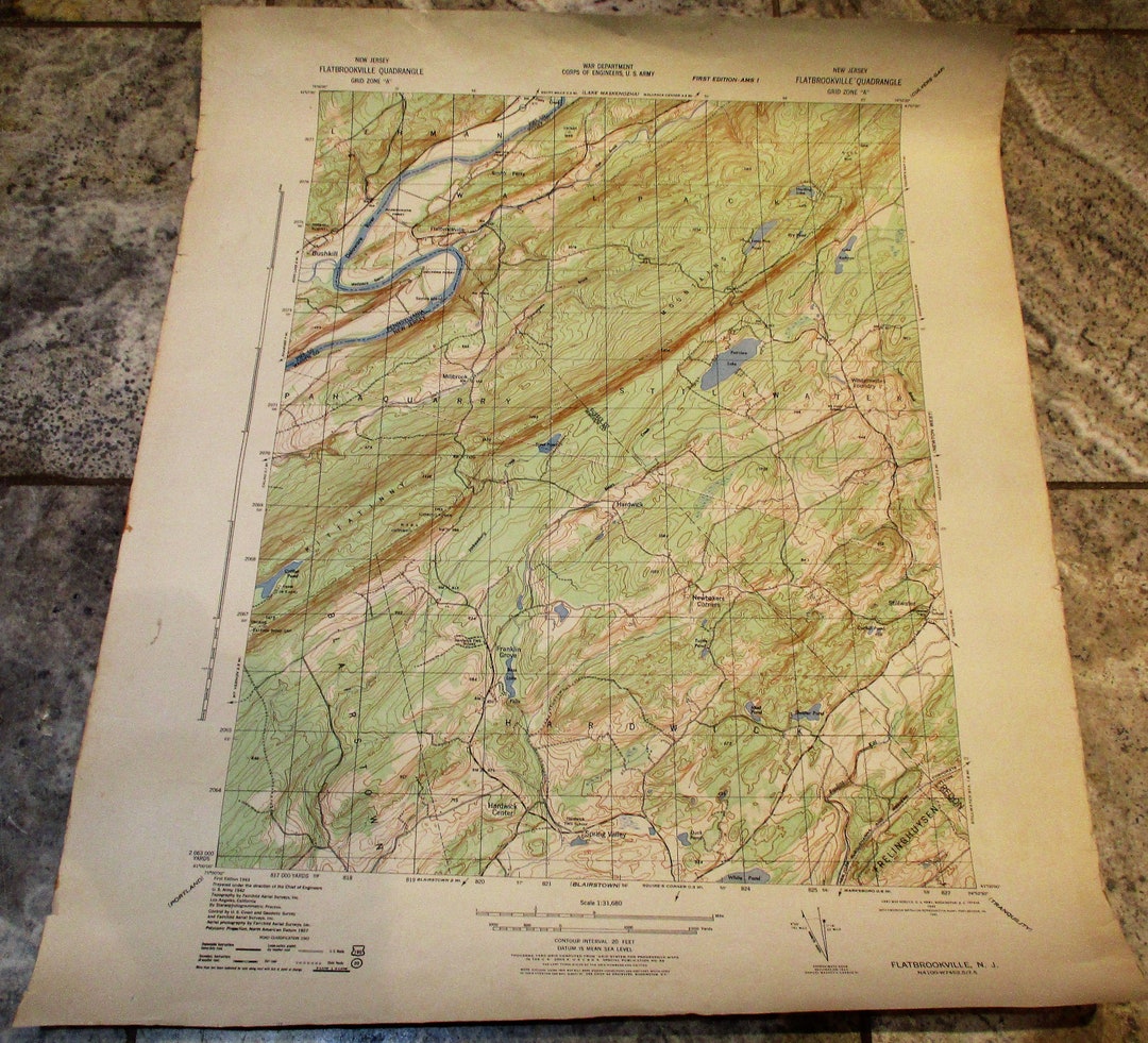 1943 Antique Topographical Map, Wartime War Office Map of New Jersey ...