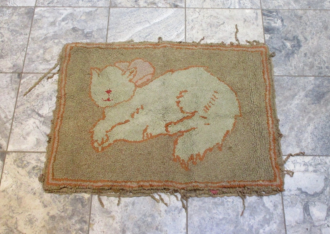 Hooked Rug, Vintage Signed Cat Hand Made Rectangular Carpet, Great Wall ...