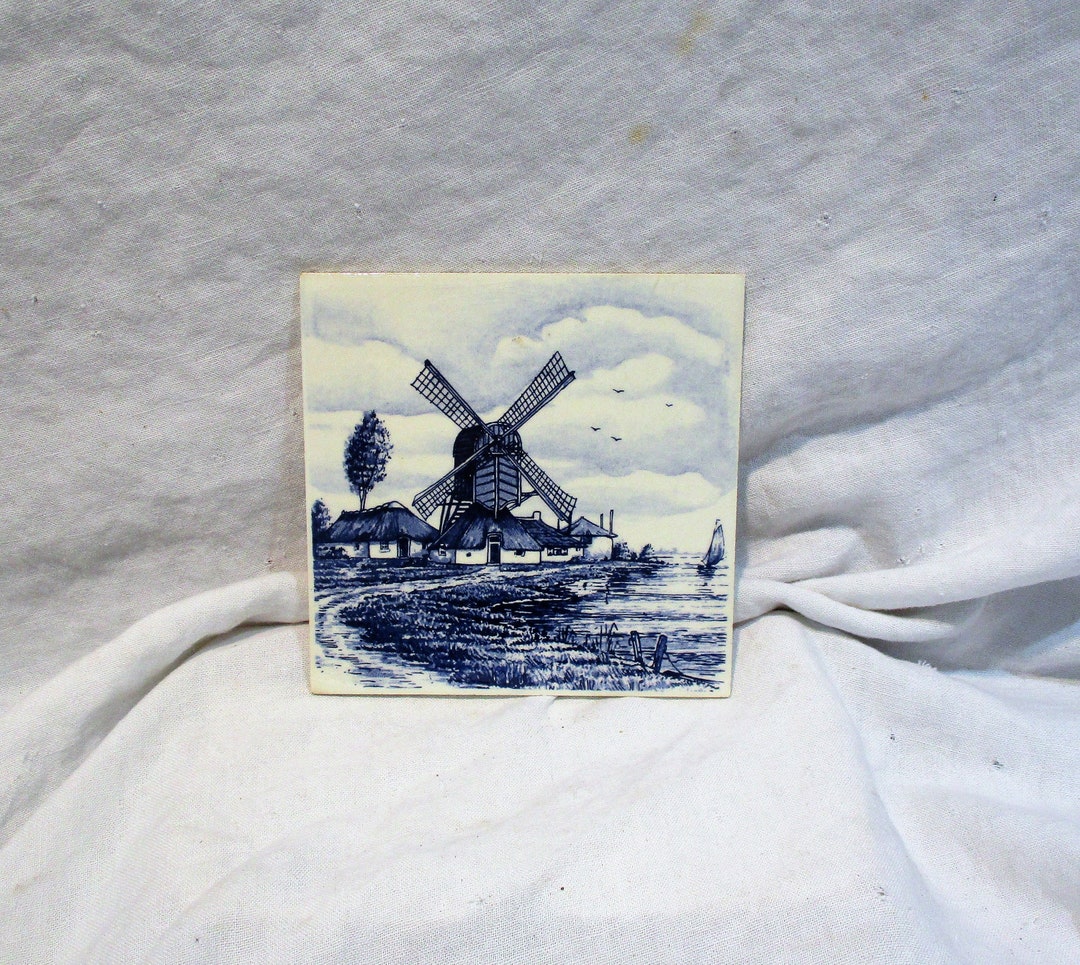 Delft Style Tile, German Blue and White Sailboat and Windmills Tile ...