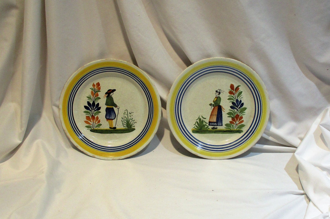 Quimper French Country Plates, Folk Art Pair of Hand Painted Faience ...