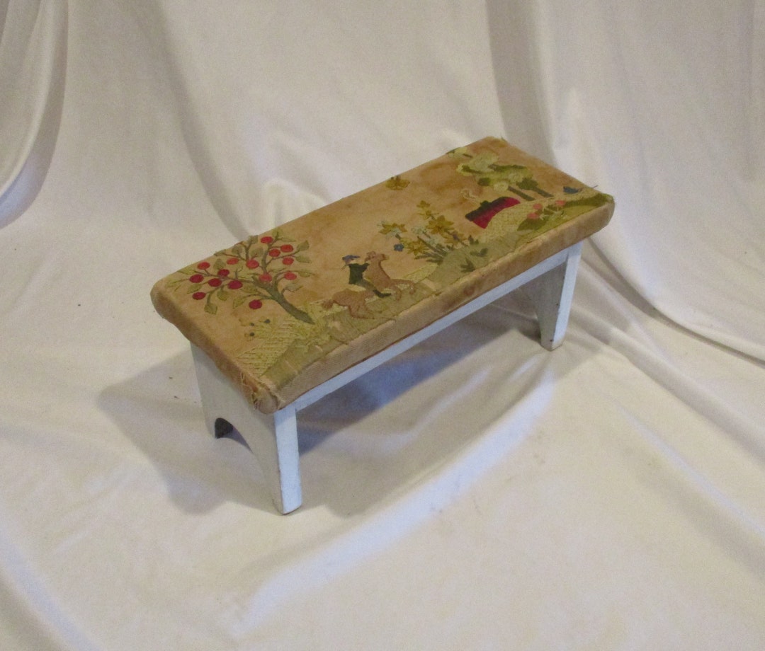 Foot Stool, Primitive Hand Made Embroidered Horse and Rider Foot Stool ...