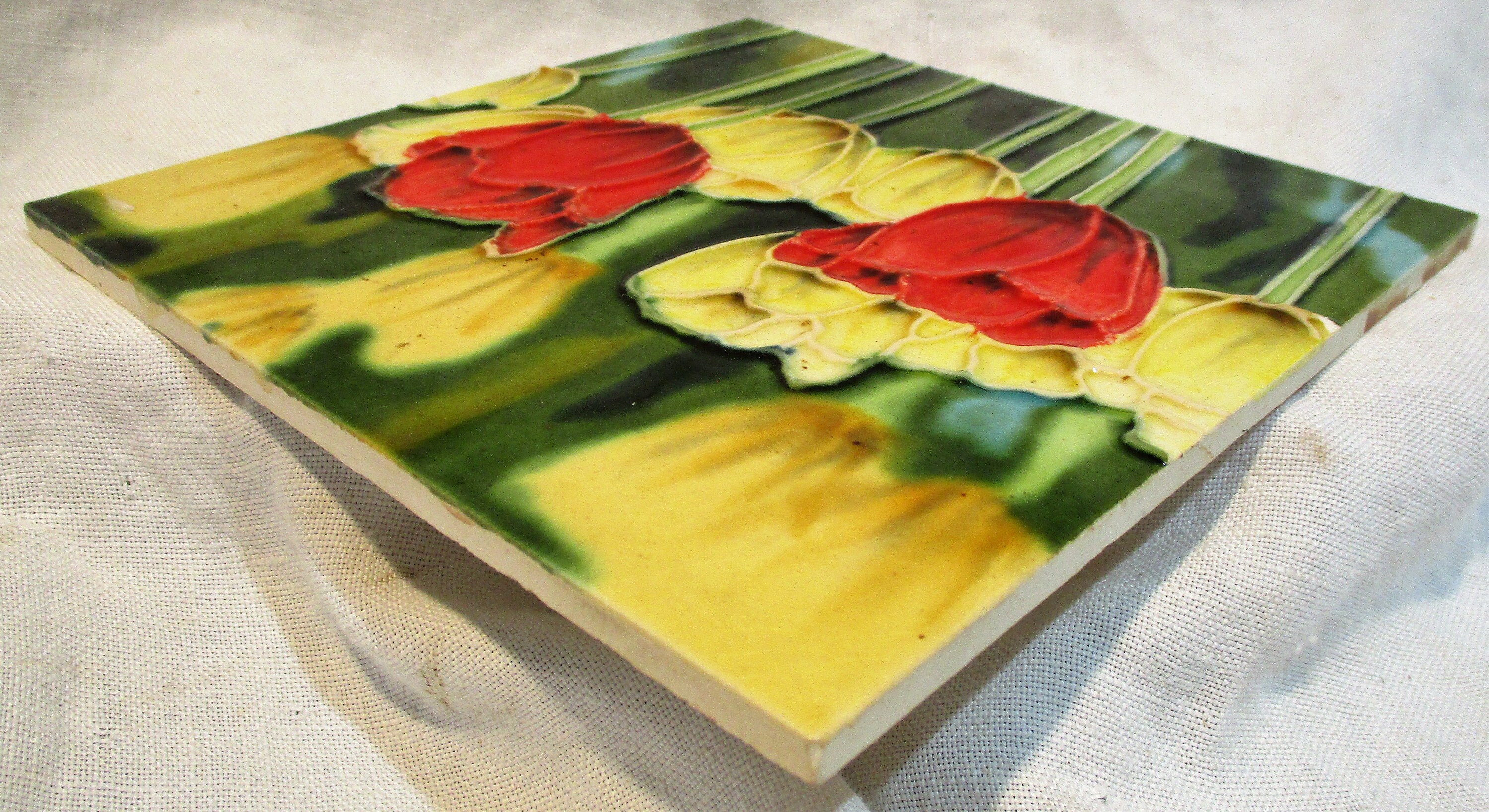 Floral Tile, Tulips, Hand Painted Photographic Cloisonne Vintage Tile ...