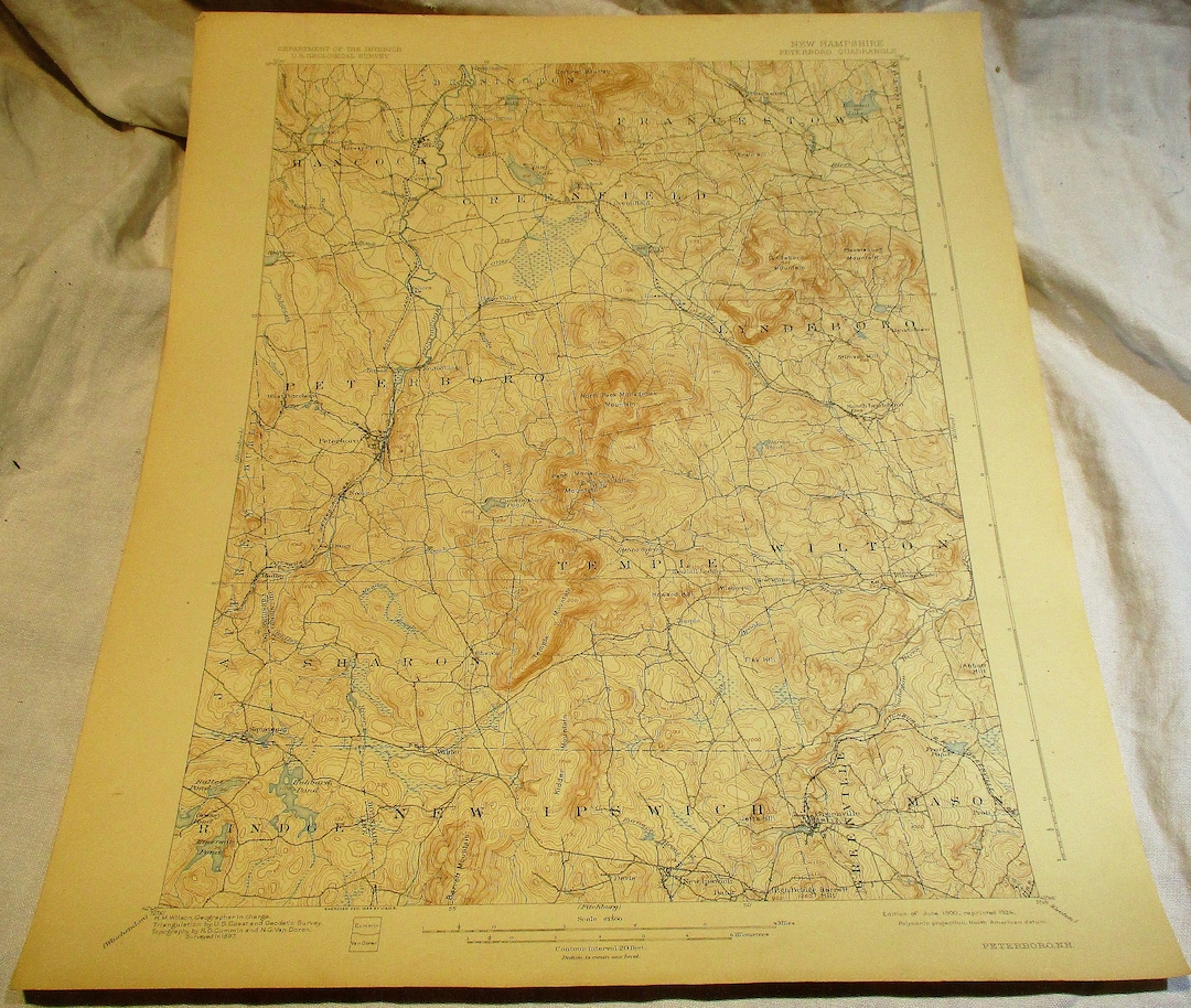1924 Antique Topographical Map, Bennington, New Hampshire, Peterboro ...