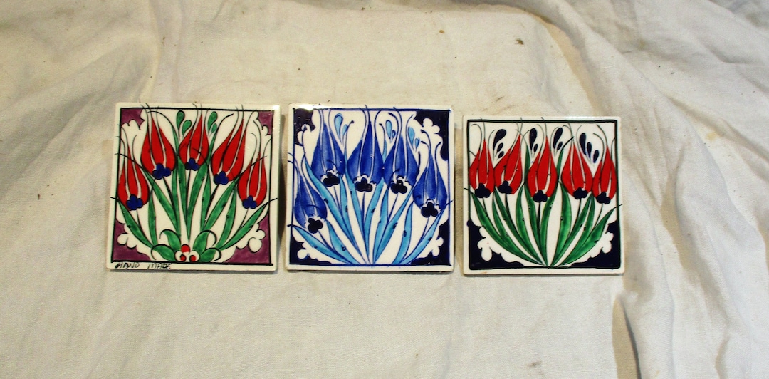 Ceramic Tiles, Set of 3, Classic Hand Made Tiles, Flowers and Leaves ...