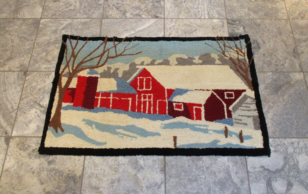 Hooked Rug, Vintage Hand Made Carpet, Winter Barn and Farm Scene - Etsy