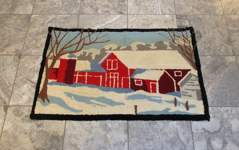 Hooked Rug Vintage Hand Made Carpet Winter Barn and Farm | Etsy