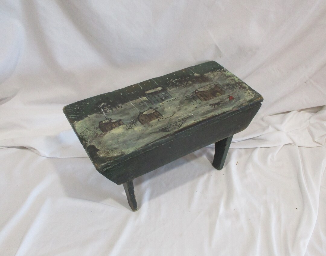 Foot Stool, Primitive Hand Painted Winter Village Scene, Antique Hand ...