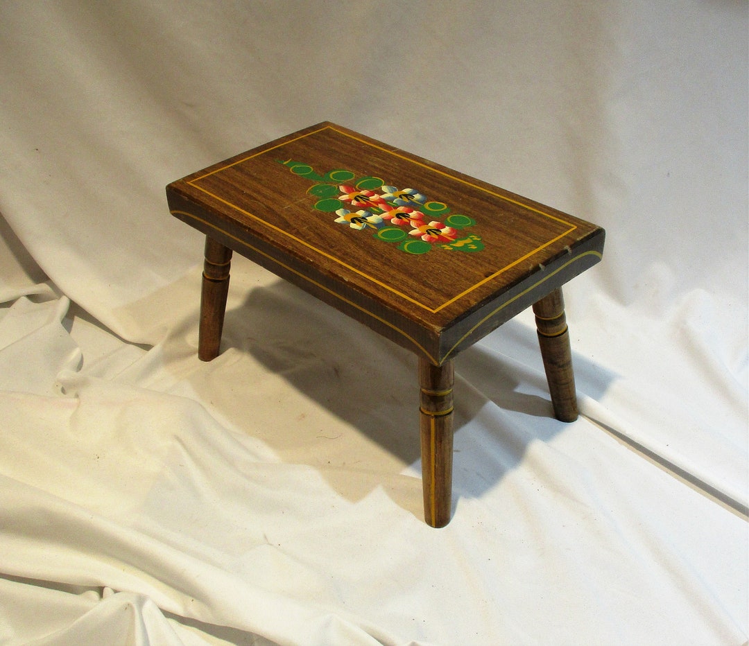 Footstool, Vintage Folk Art Hand Painted Foot Stool or Milking Stool ...