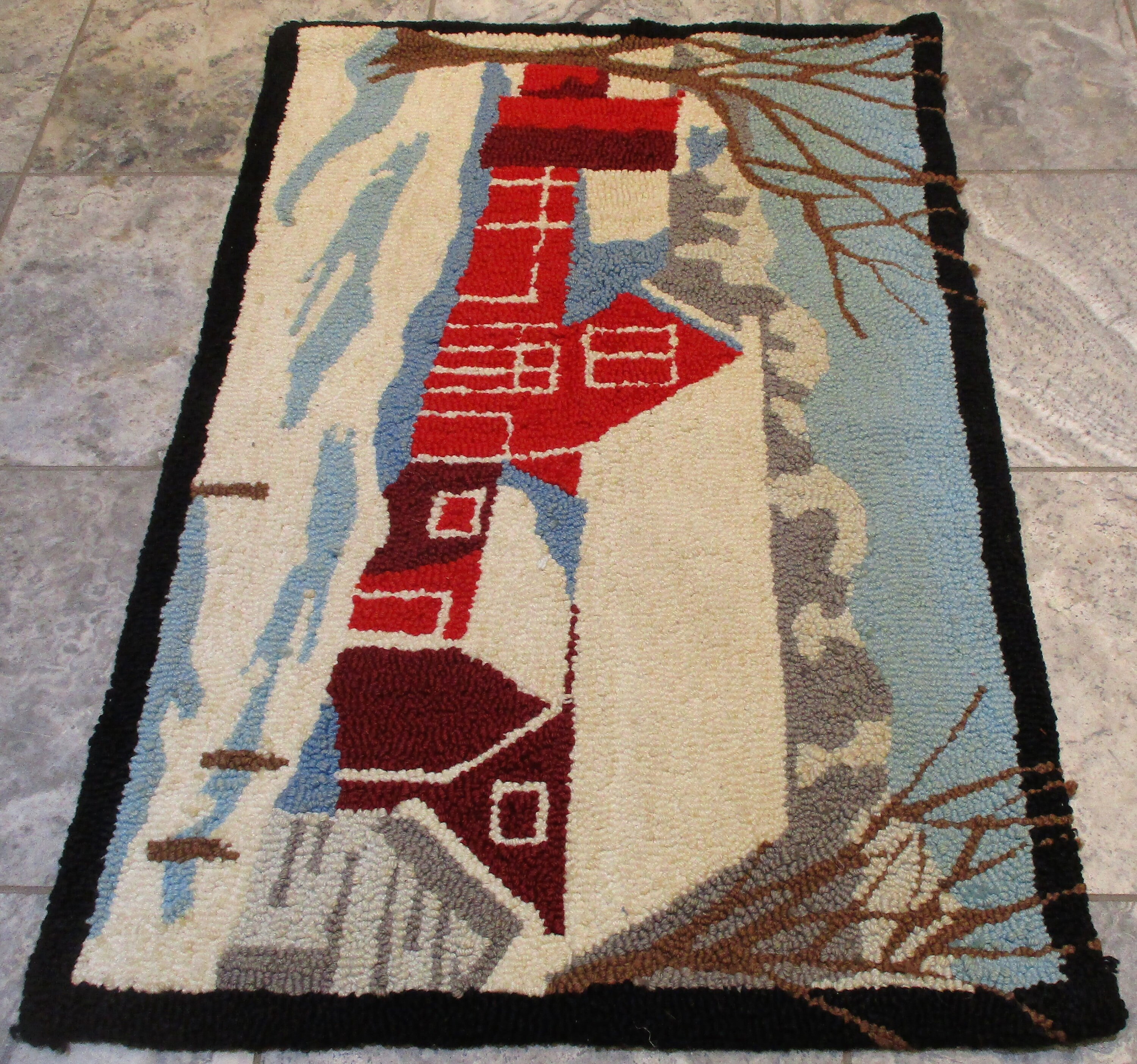 Hooked Rug Vintage Hand Made Carpet Winter Barn and Farm | Etsy