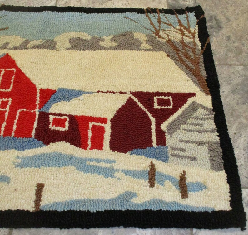 Hooked Rug Vintage Hand Made Carpet Winter Barn and Farm | Etsy