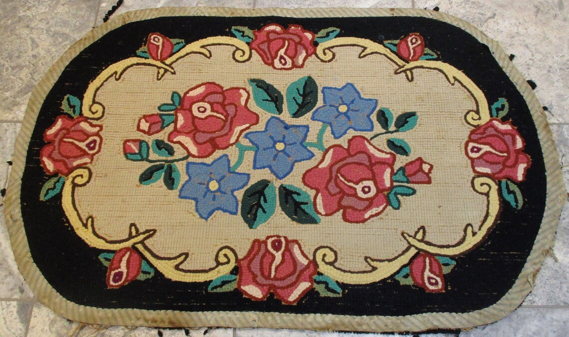 Hooked Rug Oval Vintage Floral and Abstract Hooked Rug Old - Etsy