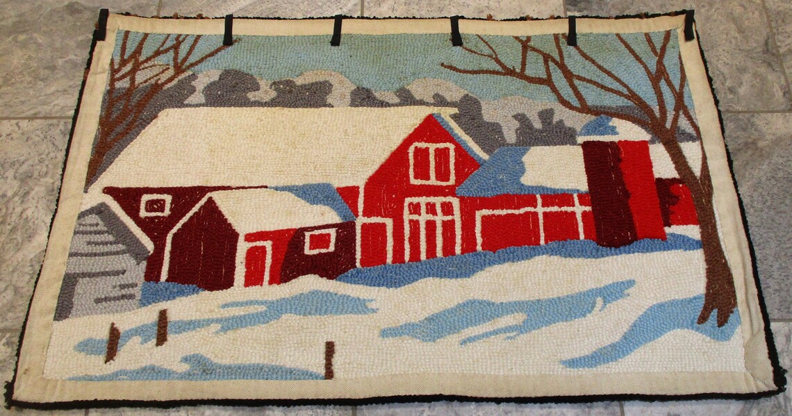 Hooked Rug Vintage Hand Made Carpet Winter Barn and Farm - Etsy