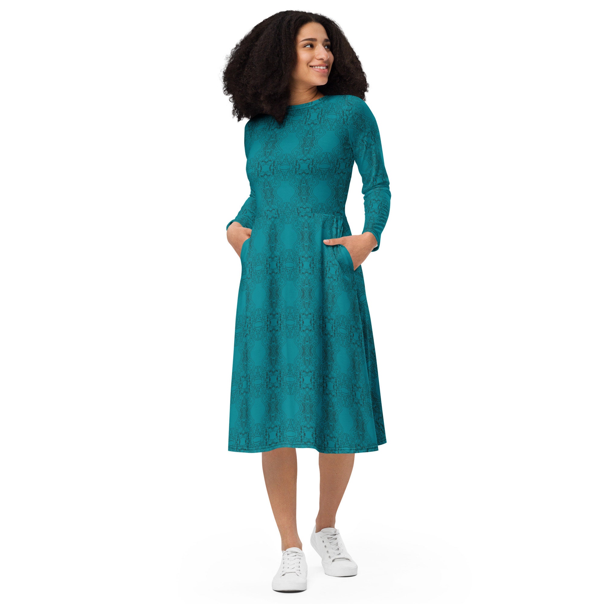 Green All-over Print Long Sleeve Midi Dress, Womens Long Party Dresses ...