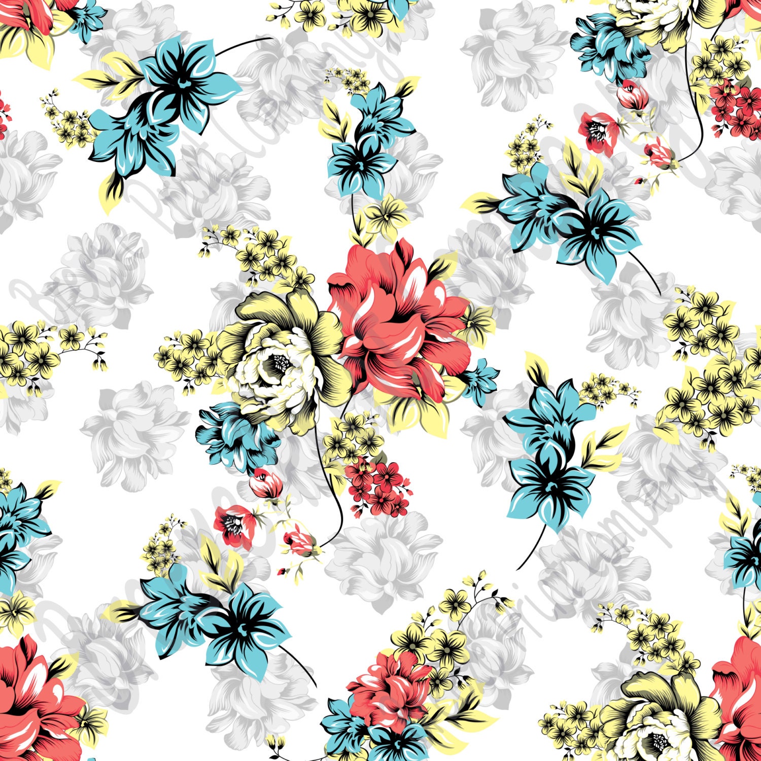 Patterned Vinyl Floral Aqua Coral Yellow and Gray Craft - Etsy