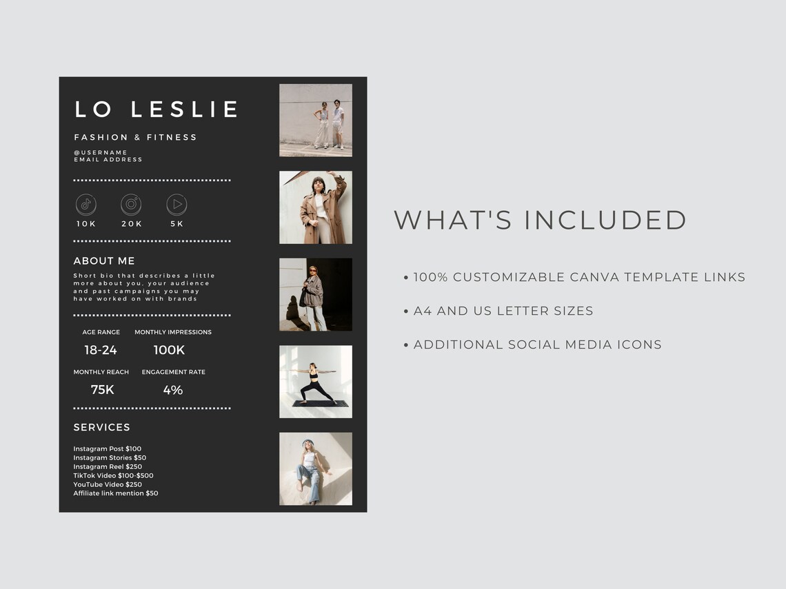 One Page Influencer Media Kit & Rate Card | Dark Mode - Etsy