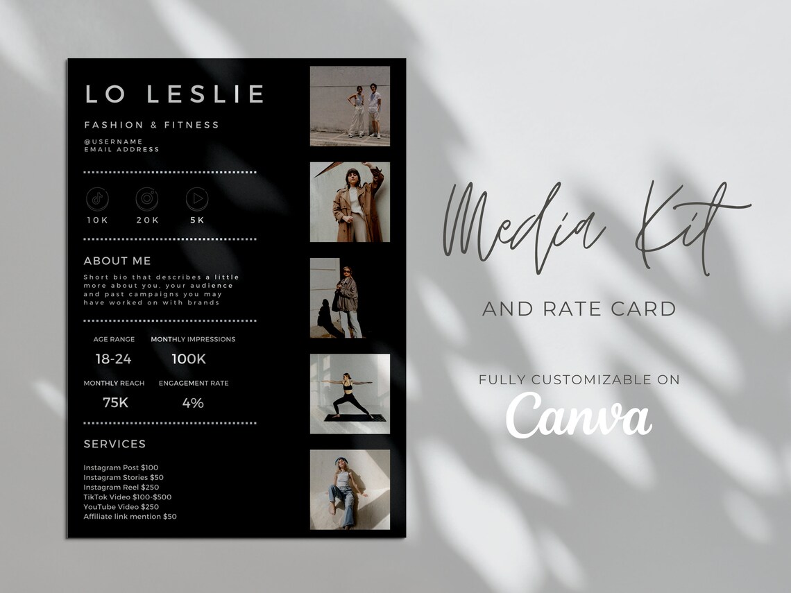 One Page Influencer Media Kit & Rate Card | Dark Mode - Etsy