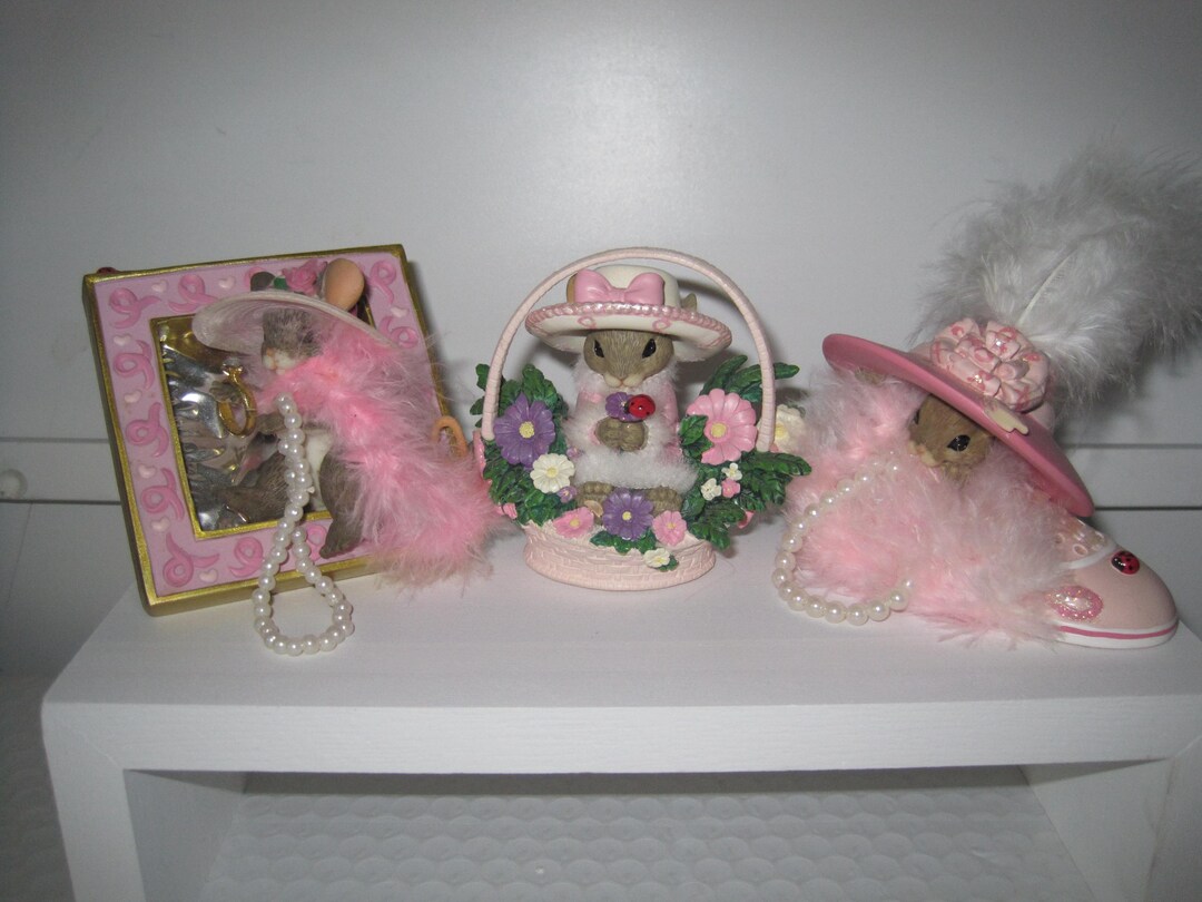 Breast Cancer Awareness Mice Figurines Lot of 3 Wearing Feathers ...