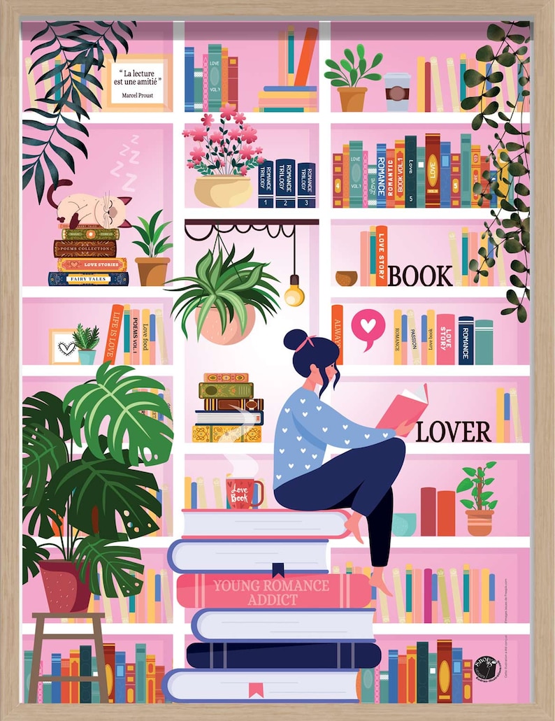 Girl Reading Poster in Front of Her Library, Addicted Reader Poster ...