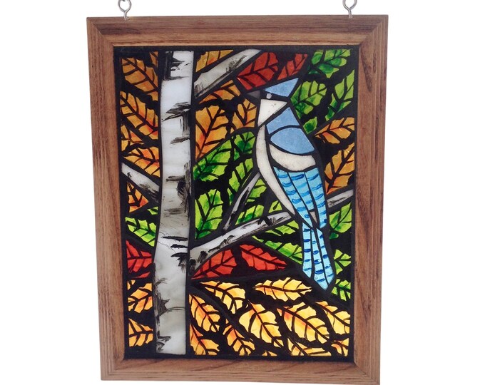 Blue Jay Bird Stained Glass Panel Mosaic Artwork Window - Etsy