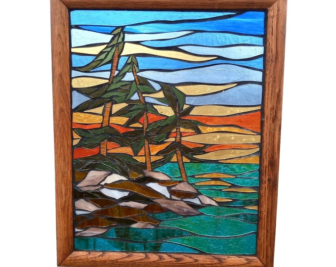 Northern Pines Stained Glass Mosaic Panel, Rugged Landscape of Lake ...