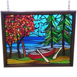 Canoe by a River Fall Landscape, Stained Glass Mosaic Hybrid Panel for ...