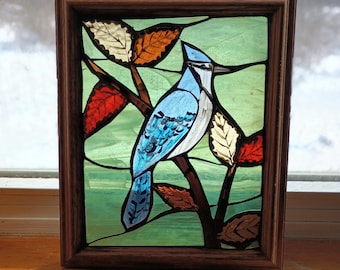Blue Jay Stained Glass Mosaic Window Panel, Blue Bird Suncatcher for ...