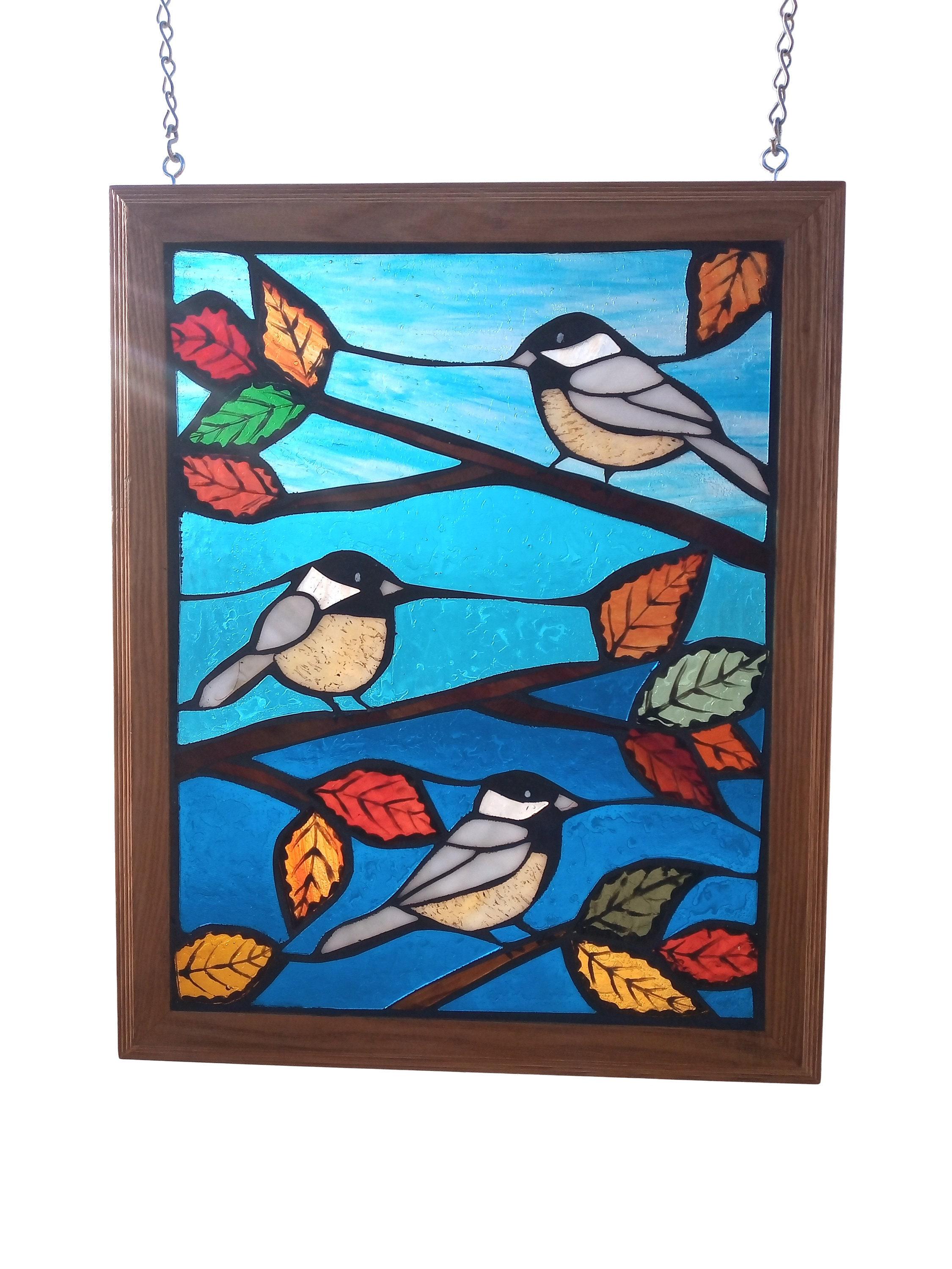 Stained Glass Chickadee Mosaic Panel: Autumn Leaves, Vintage Wood Frame ...