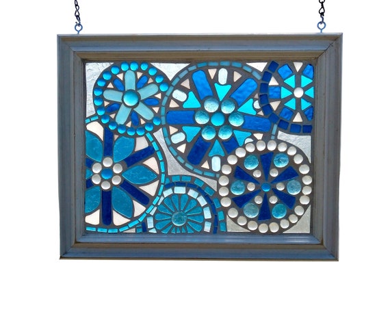 Turquoise Blue Stained Glass Mosaic Panel for Hanging in | Etsy