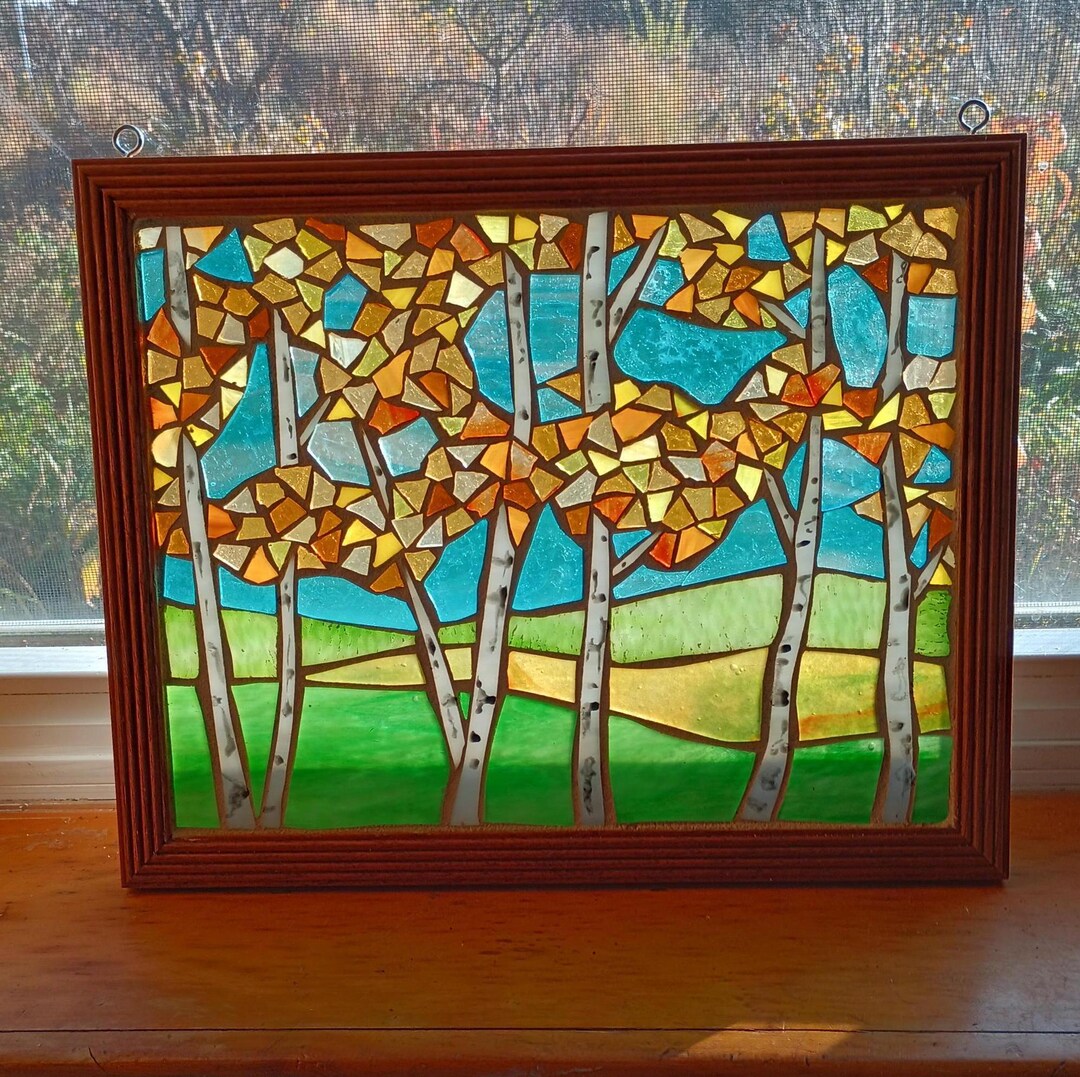 Fall Birch Tree Stained Glass Mosaic: Artwork for Hanging in Window - Etsy