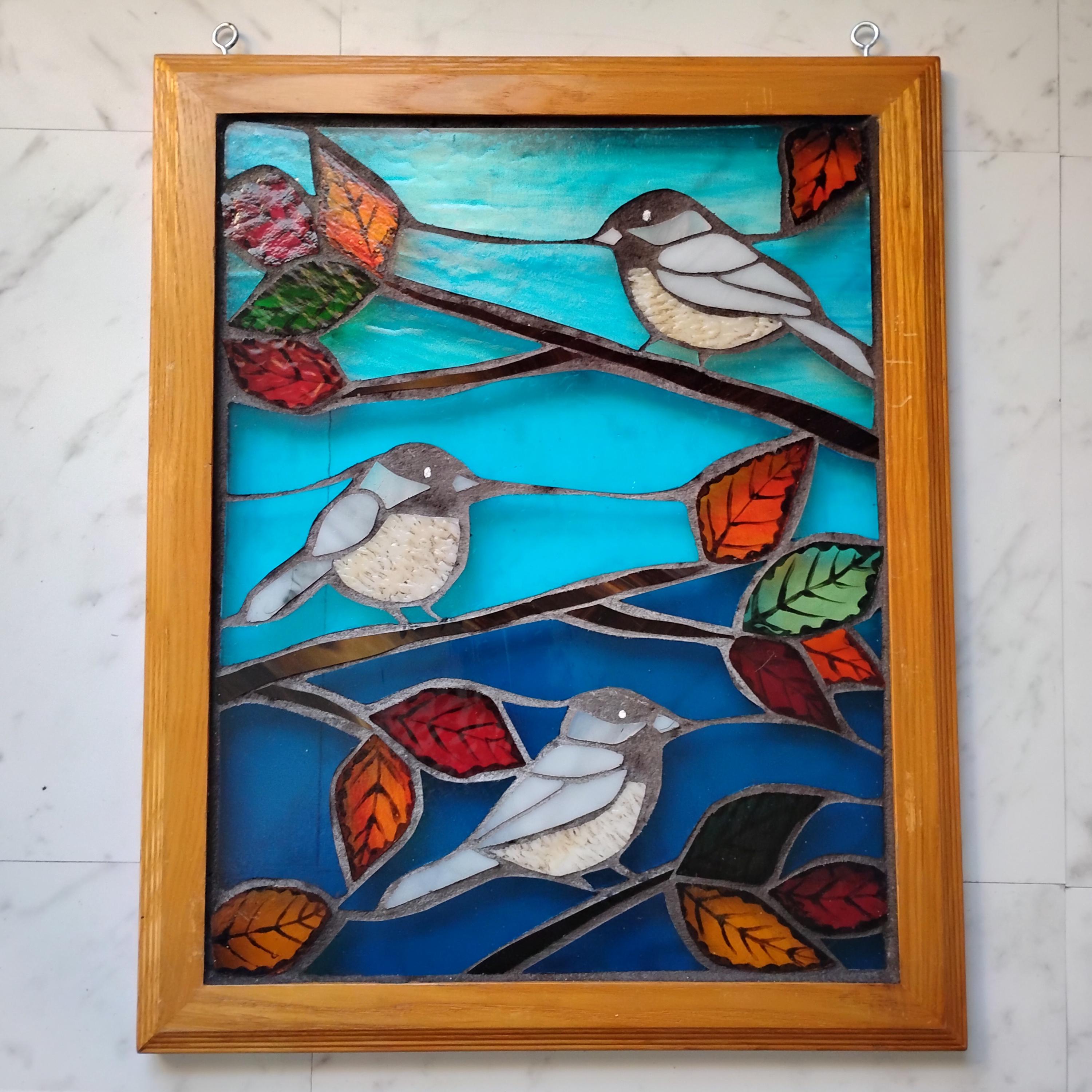Stained Glass Chickadee Mosaic Panel: Autumn Leaves, Vintage Wood Frame ...