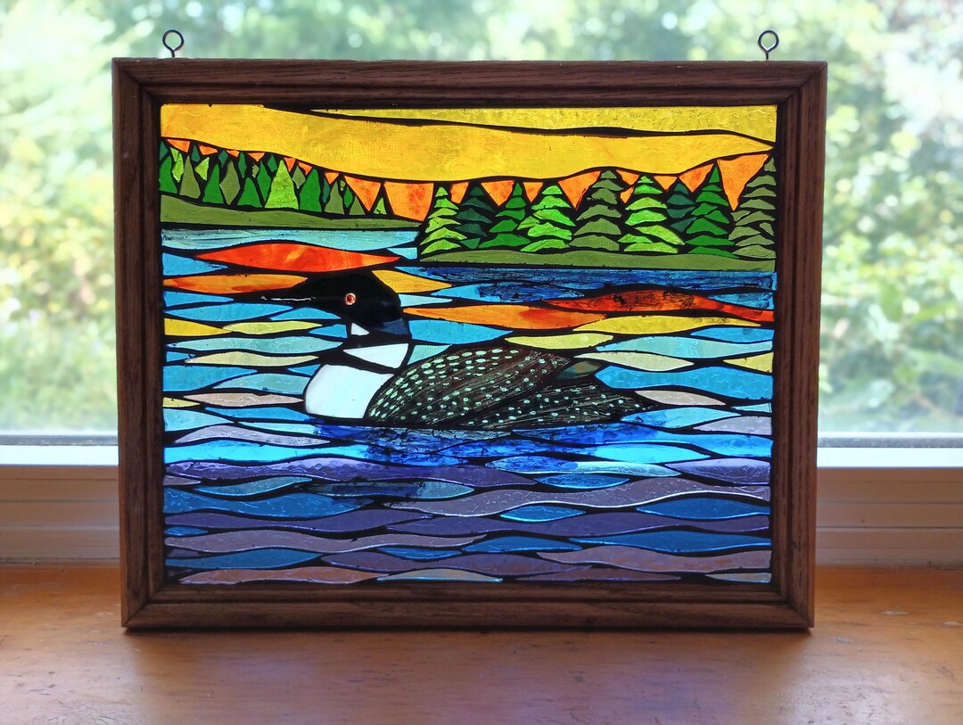 Stained Glass Loon Mosaic: Lake Sunrise, Canadiana Artwork - Etsy