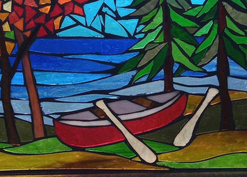 Canoe by a River Fall Landscape Stained Glass Mosaic Hybrid - Etsy