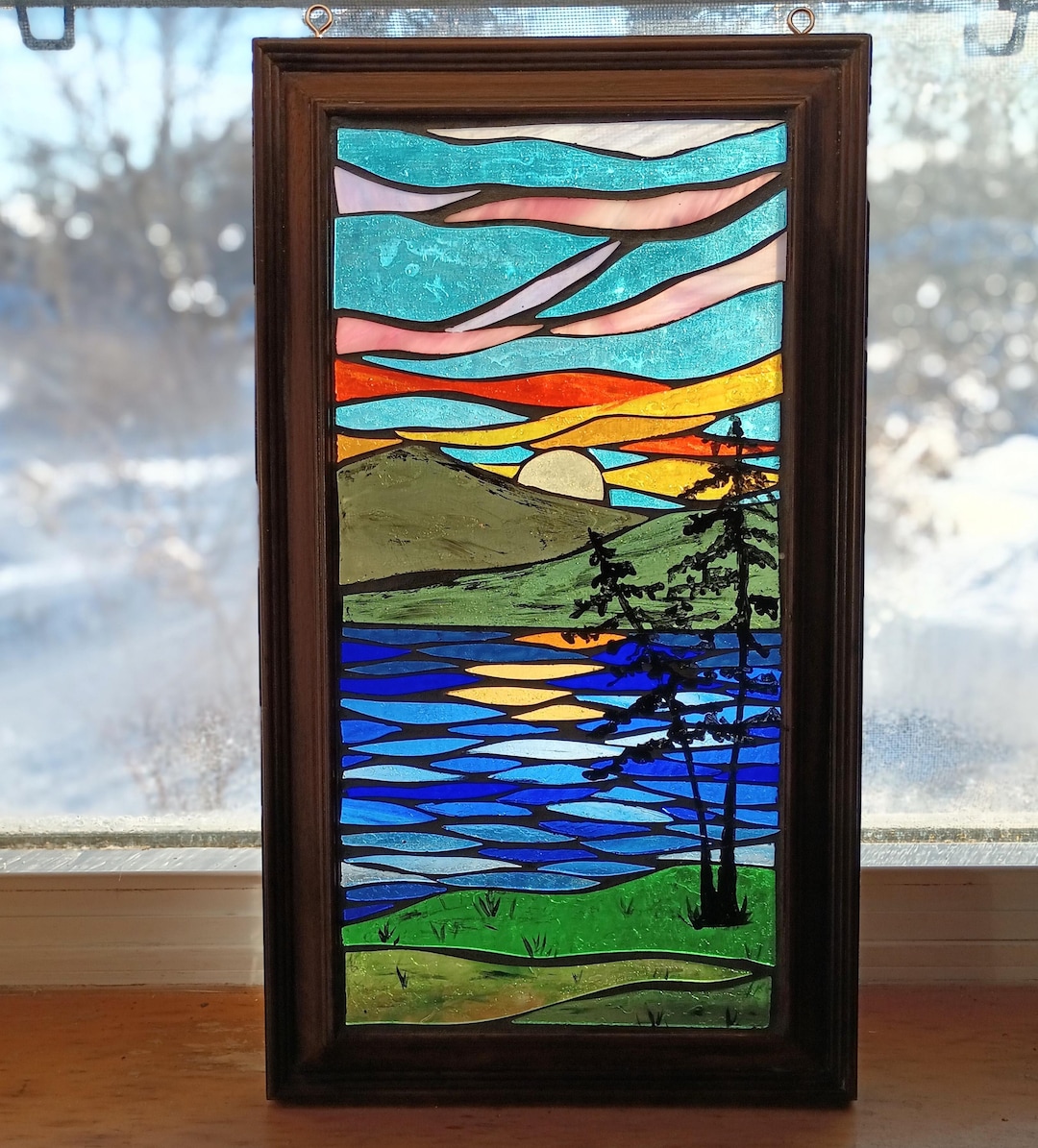 Sunrise Over Lake Stained Glass Mosaic: Artwork for Hanging in a Window ...
